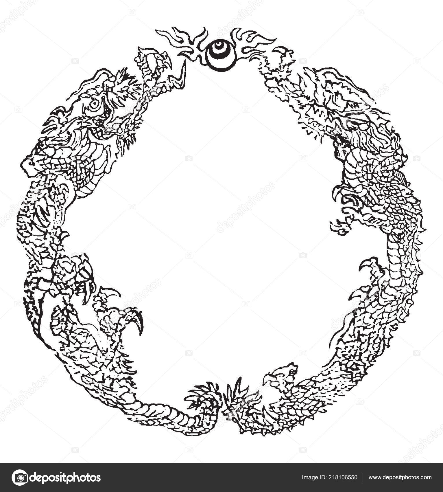 Dragones Patrón Circular Está Apoderando Joya Dibujo Línea Vintage ...