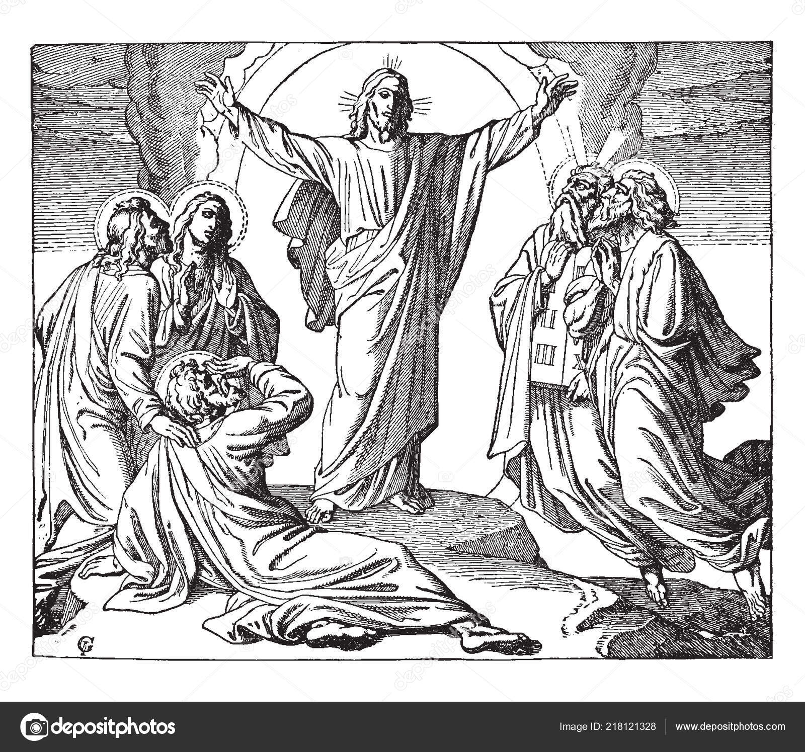 Transfiguration Scene Shows Jesus Raising Both Hands Face Shine Sun ...