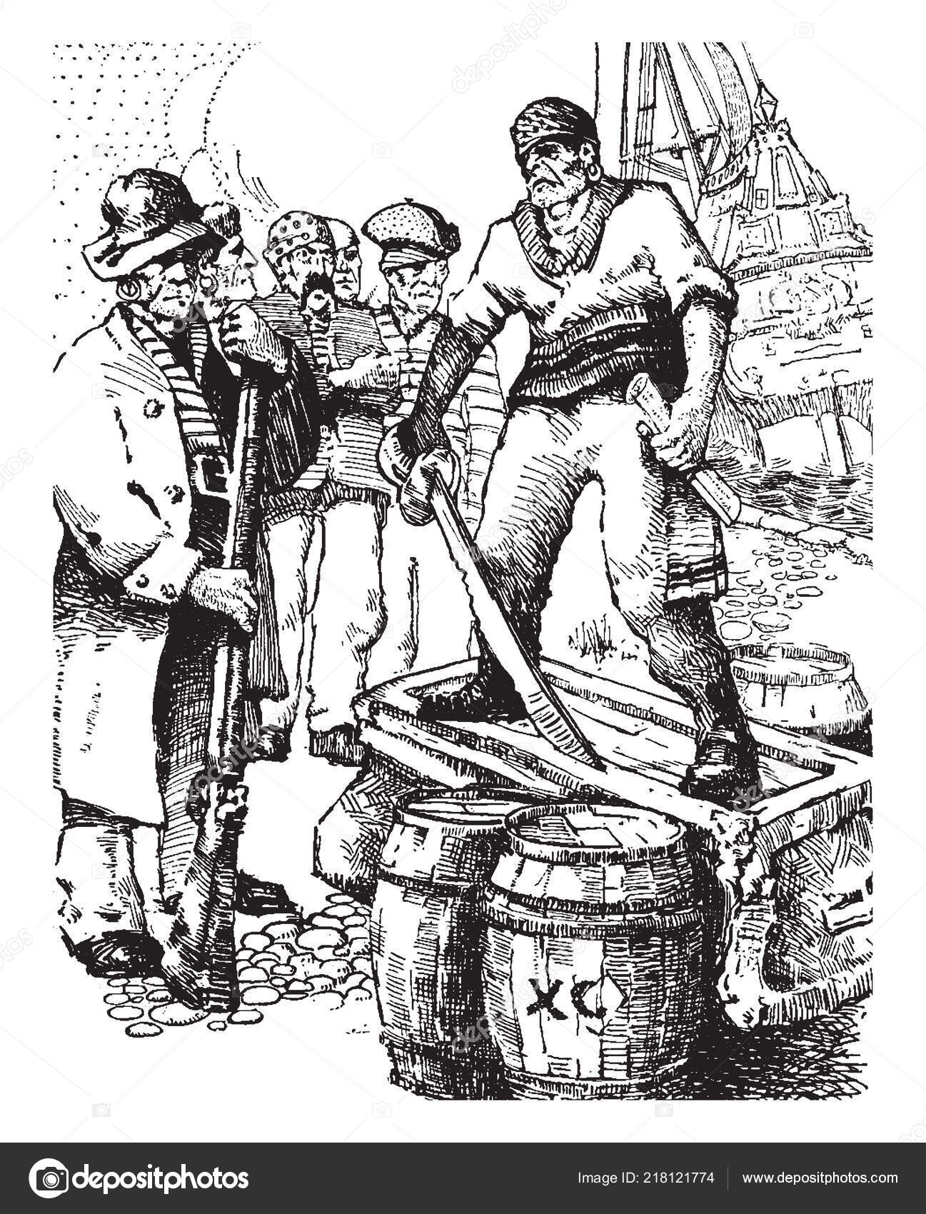 Captain Morgan Scene Shows Group Men Sword Guns Barrels Kept Stock ...