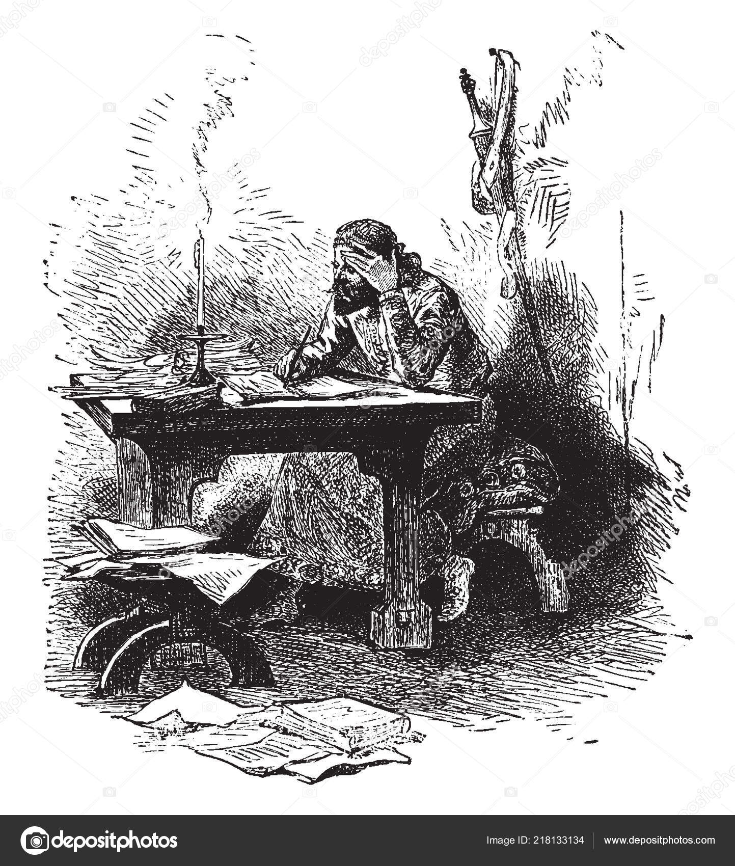Man Writing At Desk Drawing