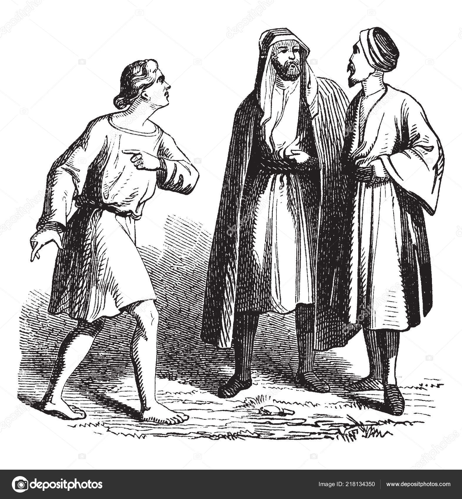 Man Talking Two Men Standing Front Him Vintage Line Drawing Stock ...