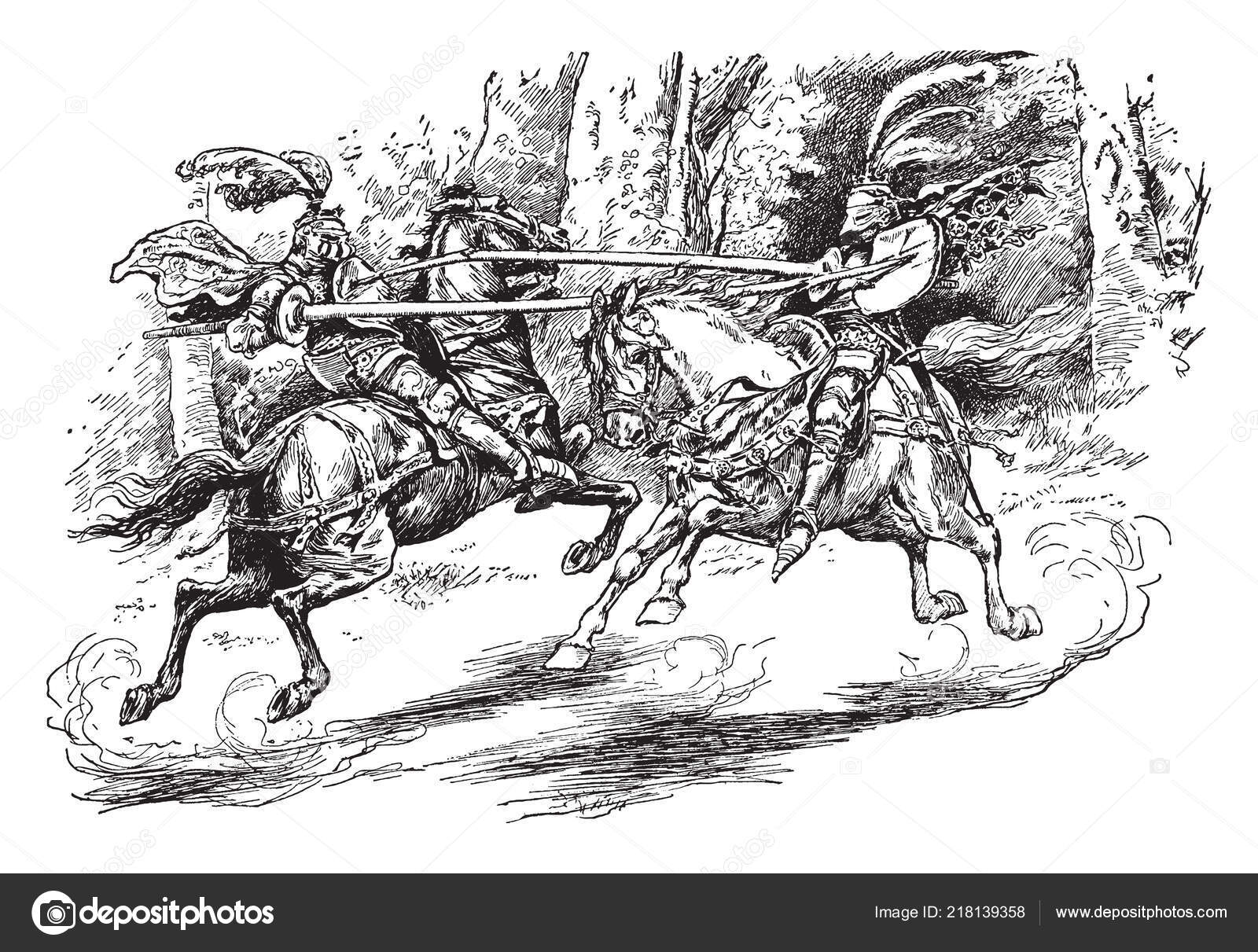 Two Knights Jousting Lances Vintage Line Drawing Engraving Illustration ...