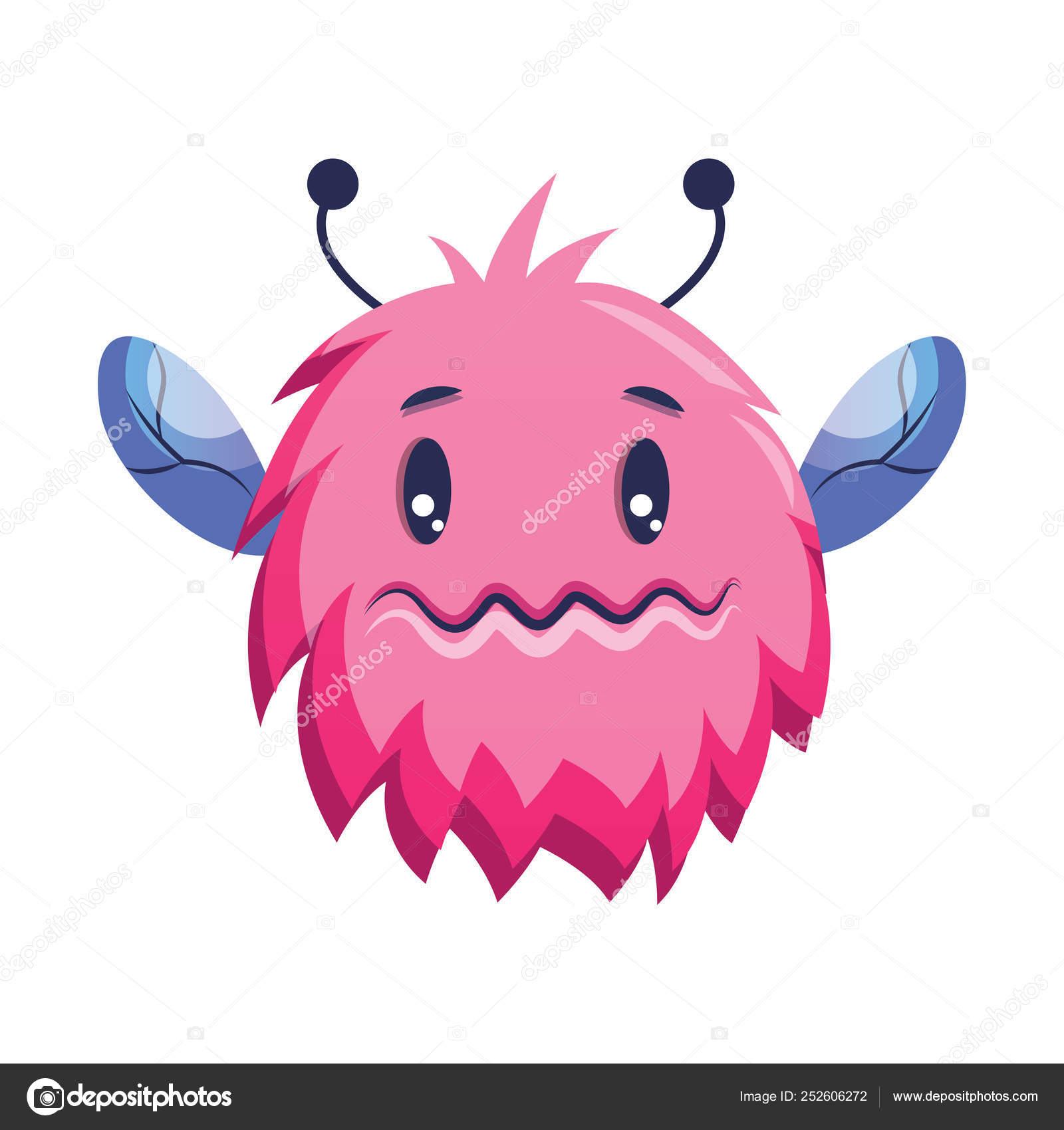 Pink cartoon monster with blue wings looking insecure white bac Stock ...
