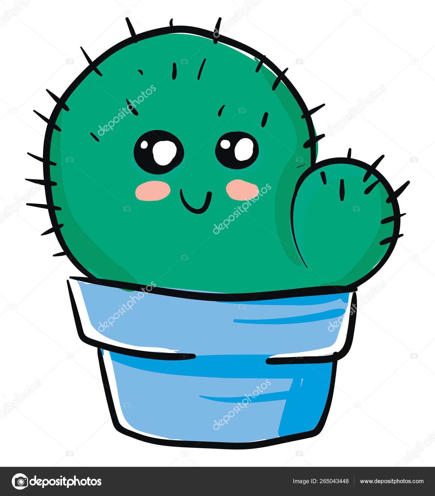 Cute Green Cactus Blue Pot Vector Color Drawing Illustration Stock ...