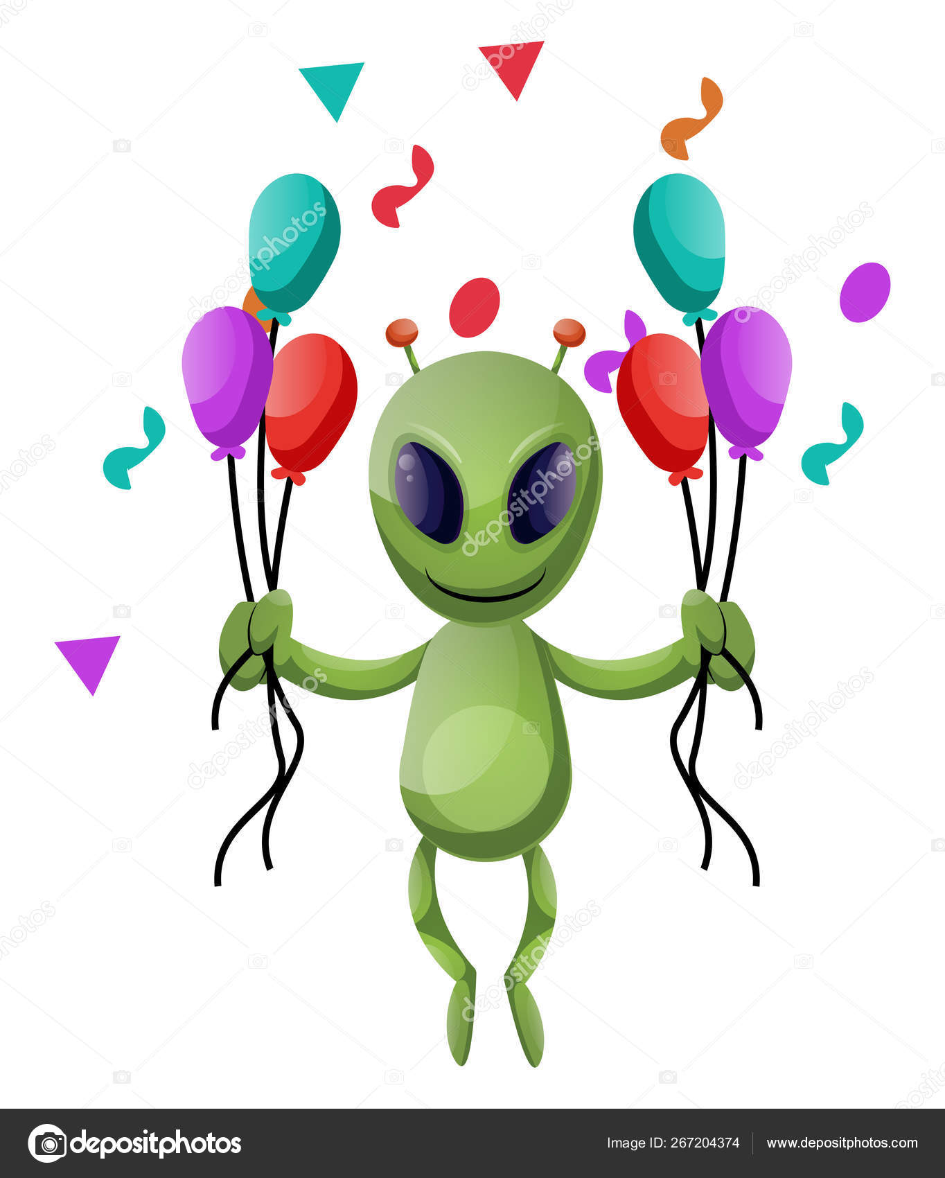 Alien with balloons, illustration, vector on white background. Stock ...