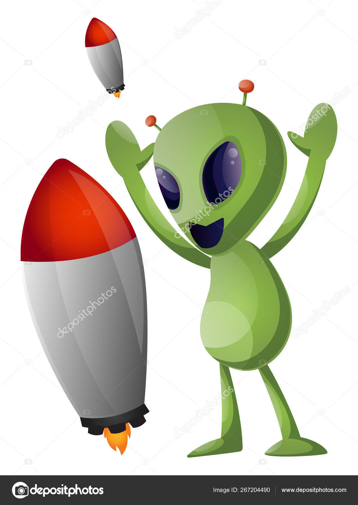 Alien with rocket, illustration, vector on white background. Stock ...
