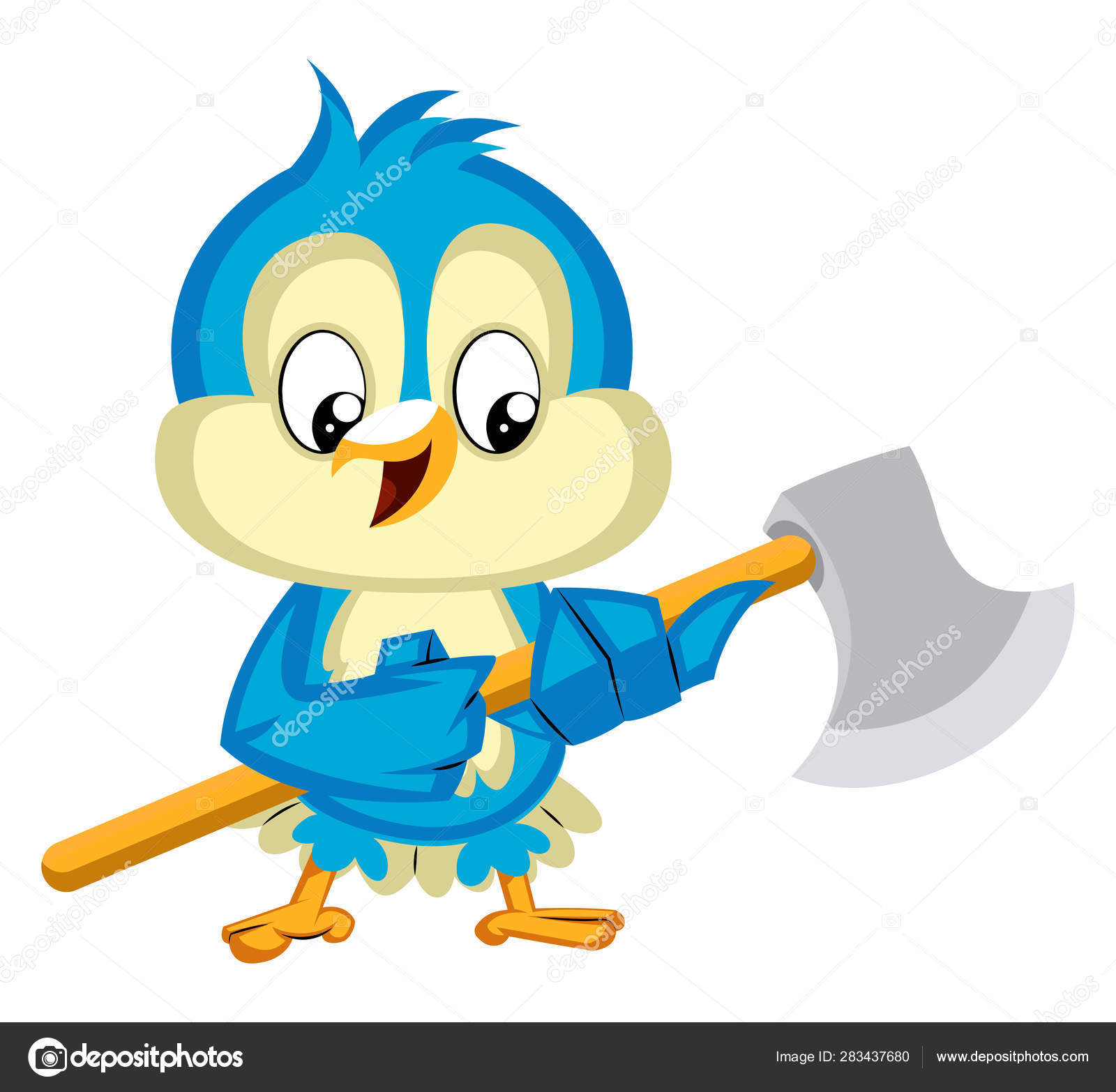 Blue bird is holding an axe, illustration, vector on white backg Stock ...