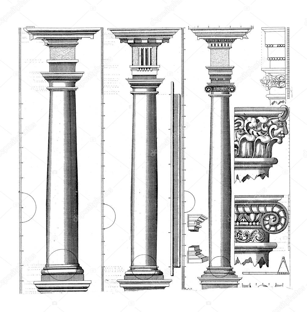 Tres columnas de orden toscano, dórico e jónico sobre un pedestal. A la ...