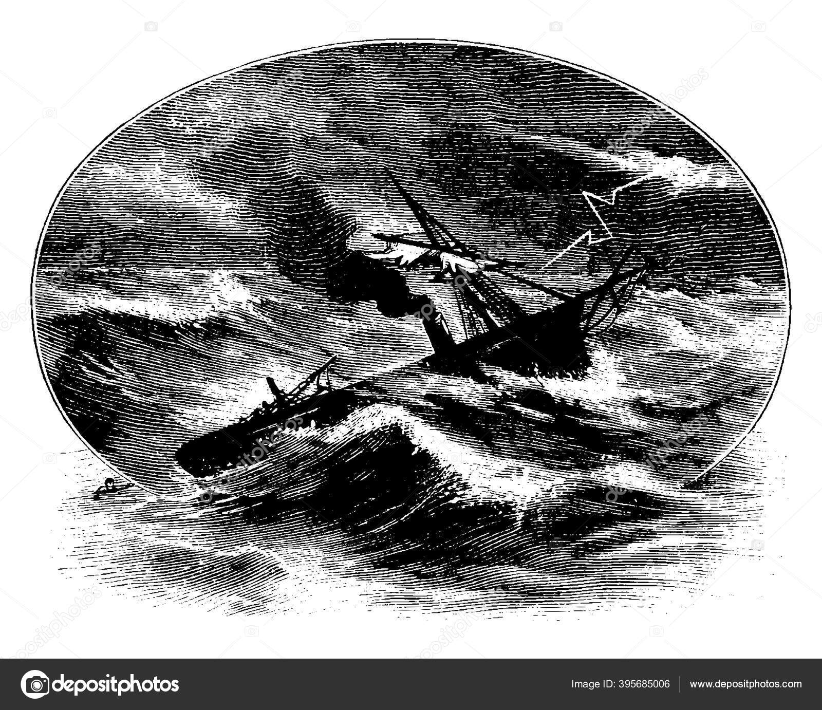 Image Showing Storm Sea Boat Got Tilted Vintage Line Drawing Stock ...