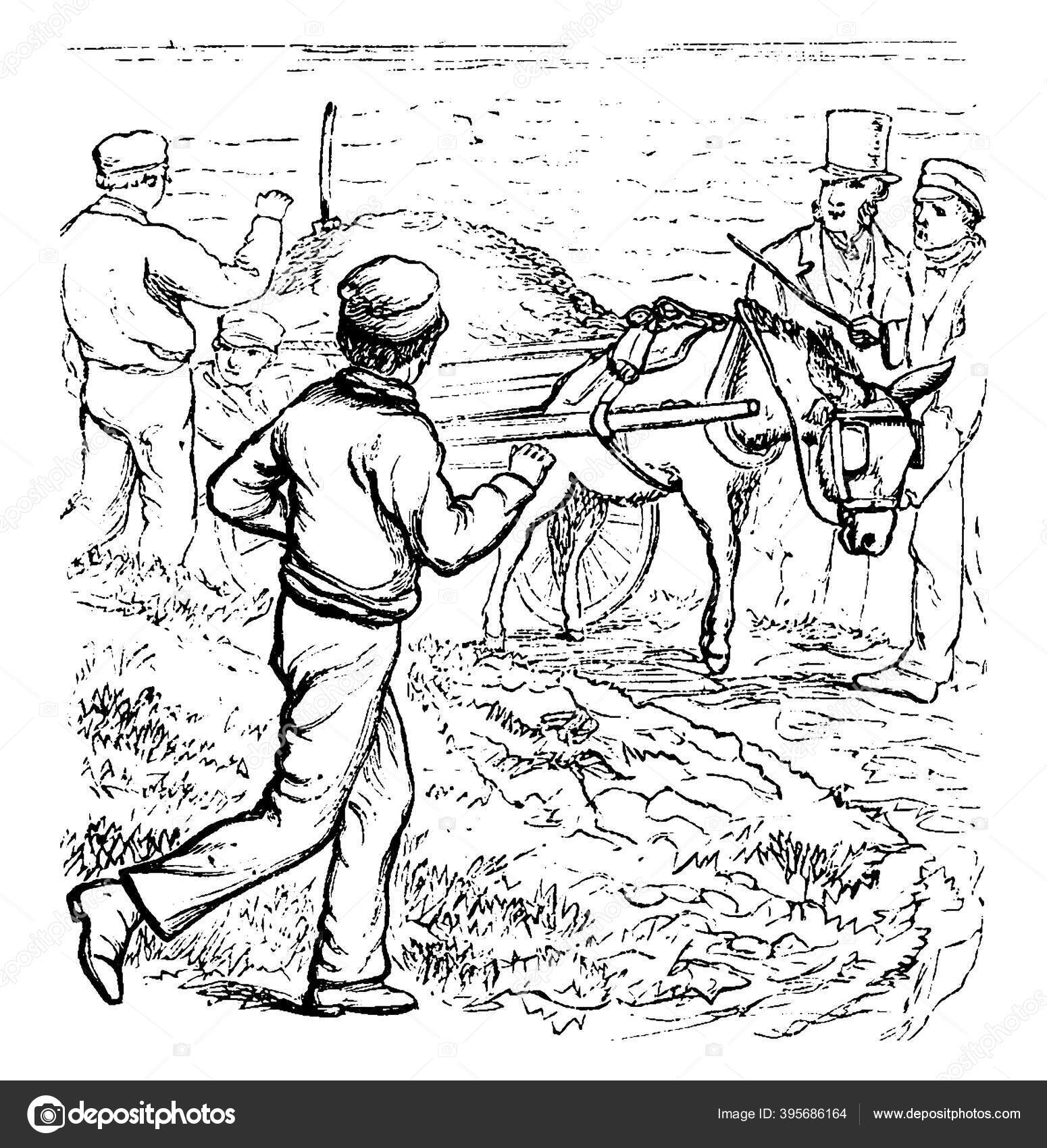 Five Men Field Using Donkey Plough Farm Vintage Line Drawing Stock ...