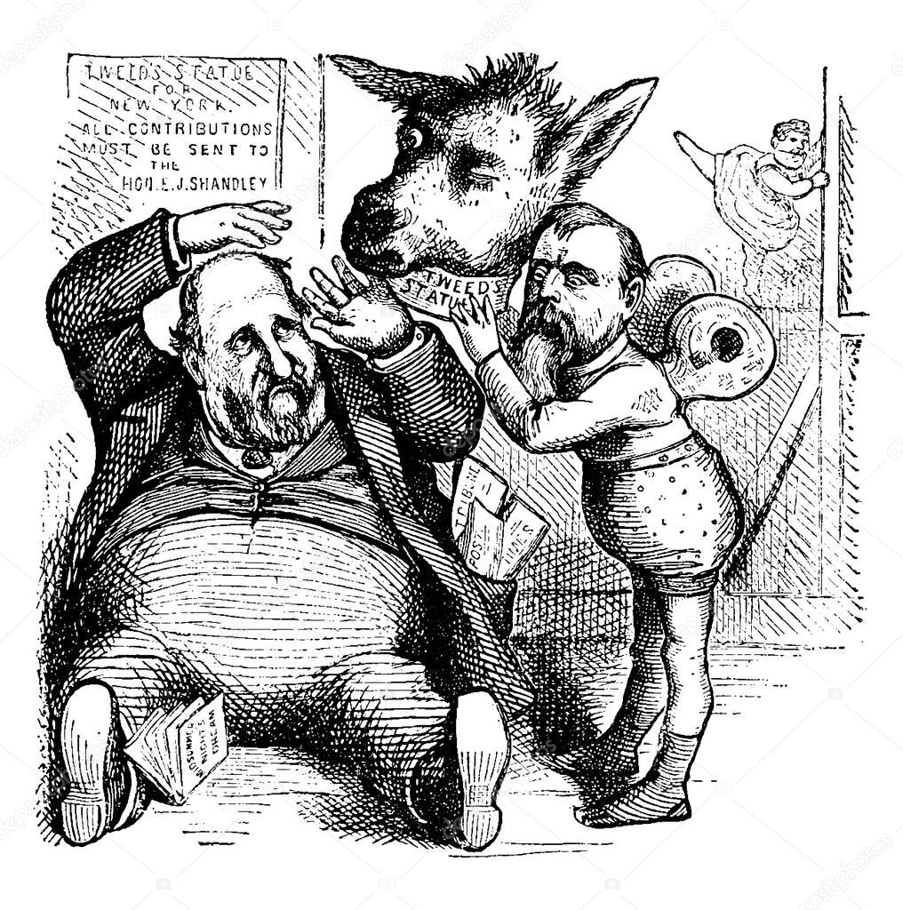 Esta caricatura se titula The Rehearsal de Thomas Nast, mostrando a ...