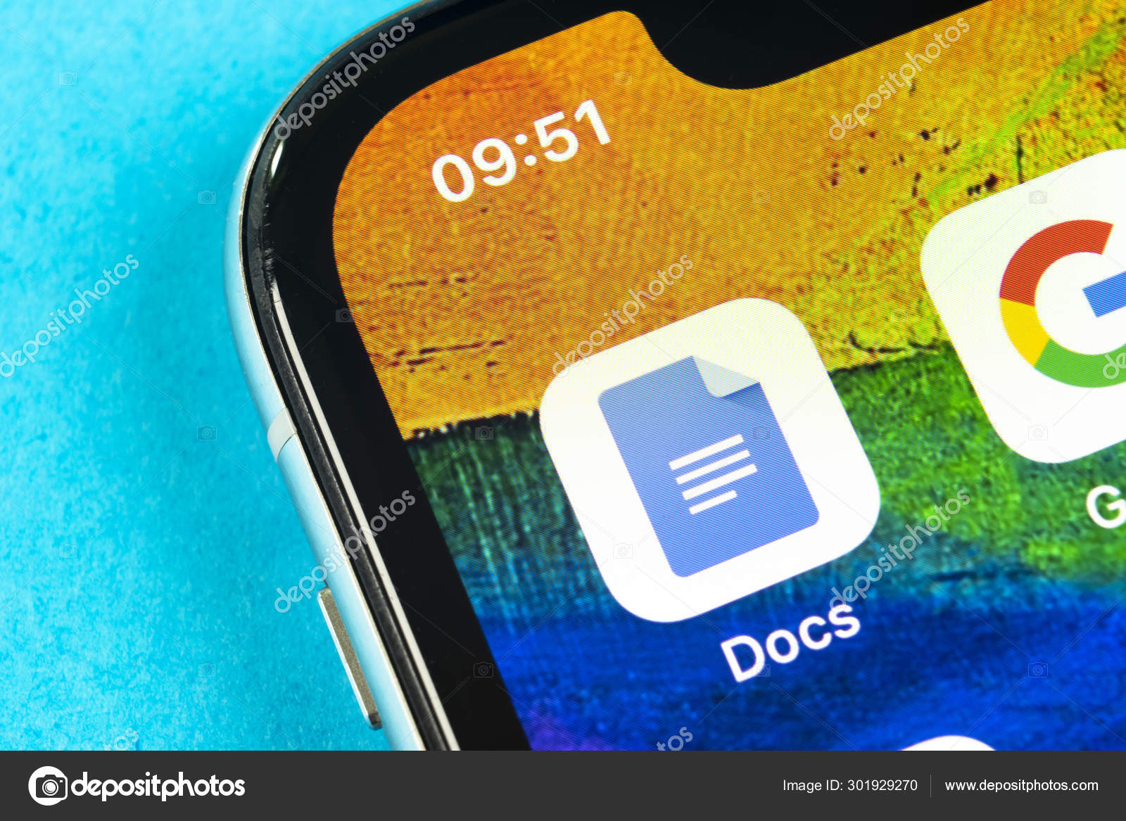 Google Docs icon on Apple iPhone X smartphone screen close-up. Google ...