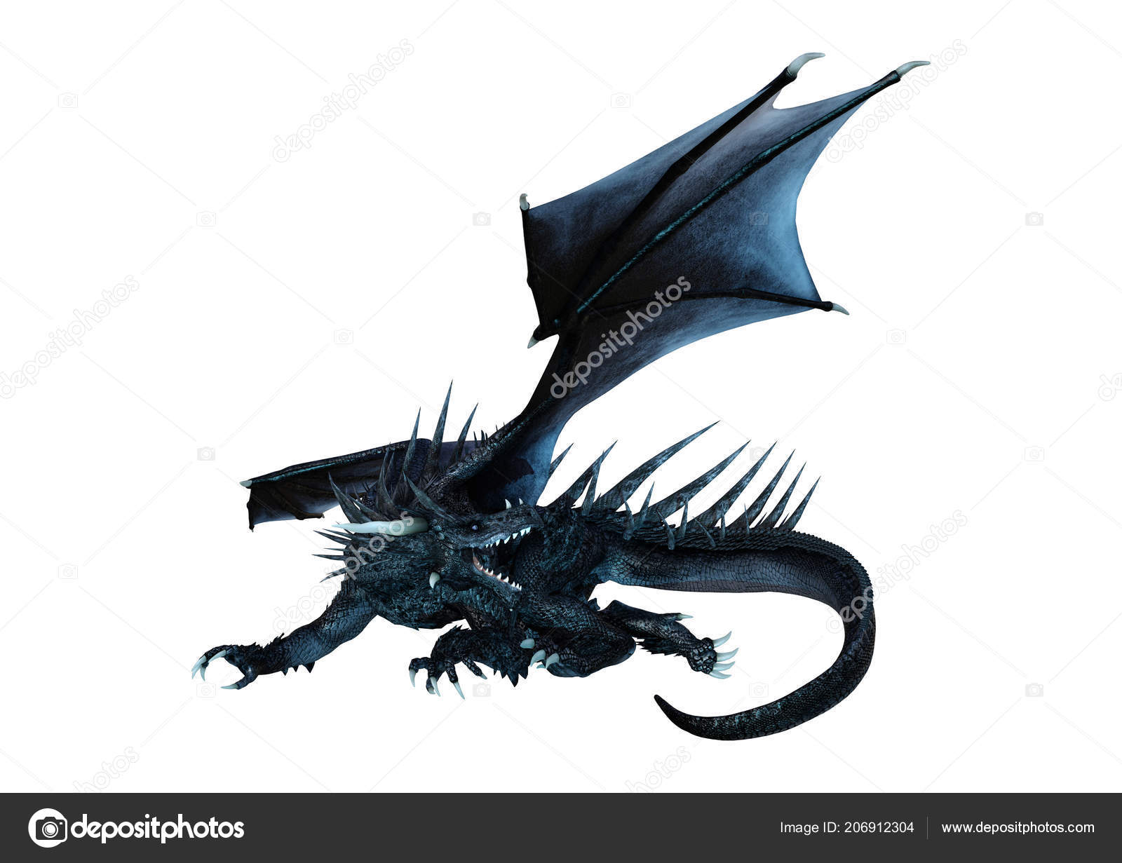 Rendering Black Fairy Tale Dragon Isolated White Background — Stock ...