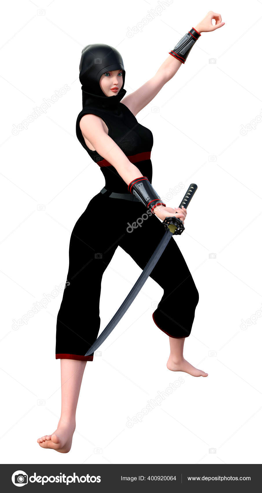 Rendering Female Ninja Holding Sword Isolated White Background — Stock ...