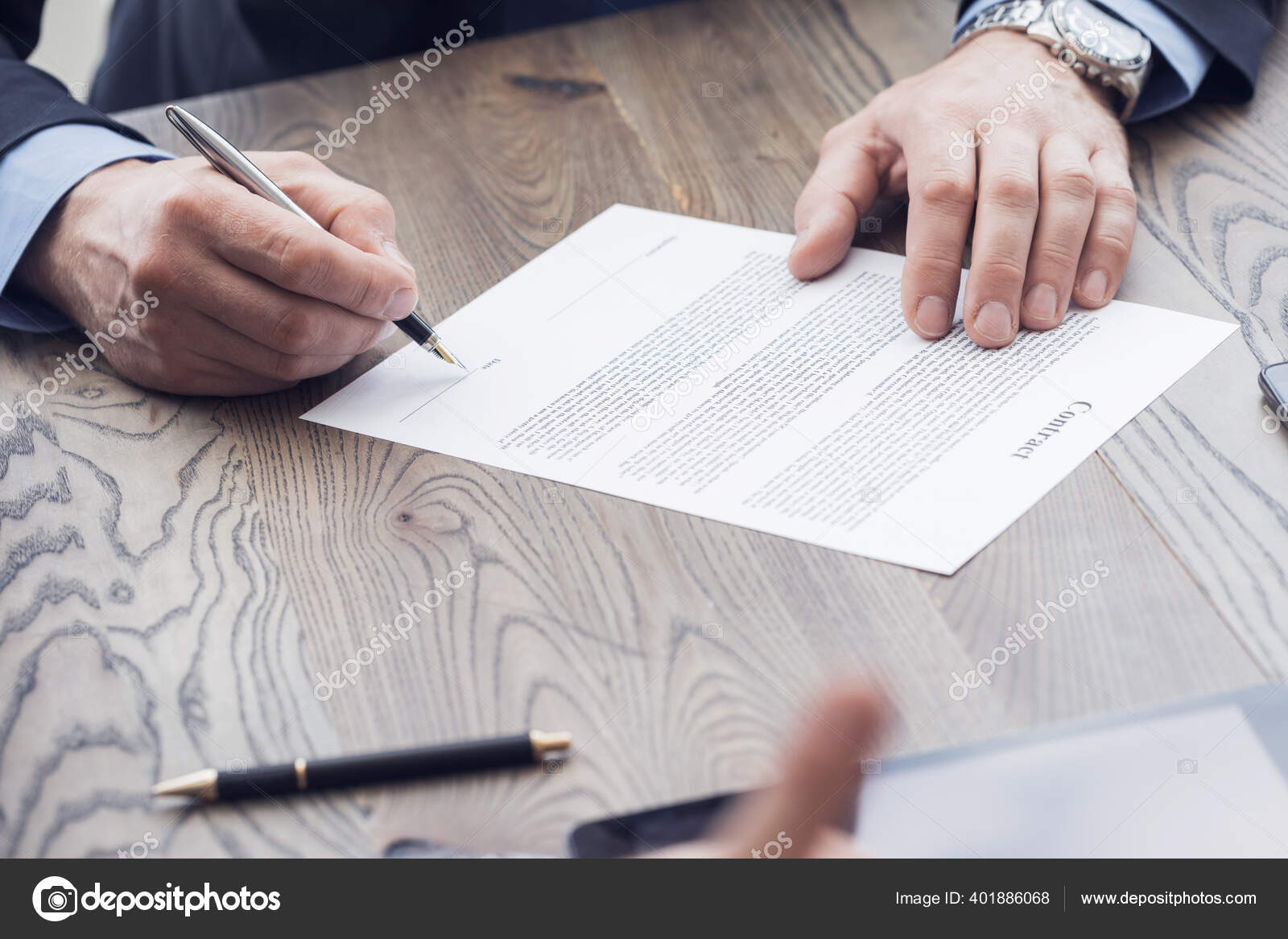 Businessman Sitting Office Desk Signing Contract Shallow Focus Pen ...