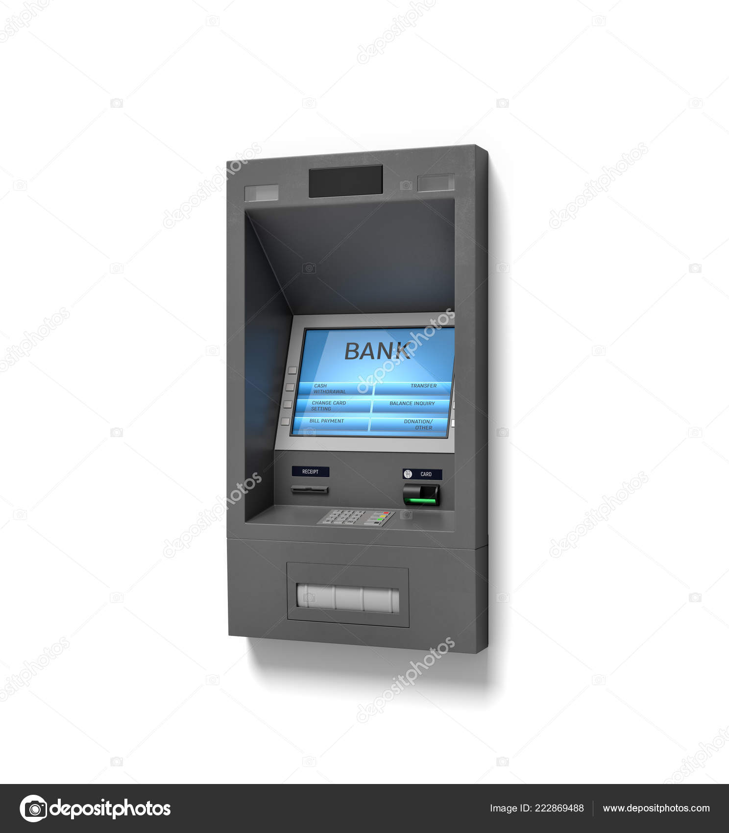 3d rendering of a wall ATM bank machine with a blue screen isolated on white background. — Stock ...