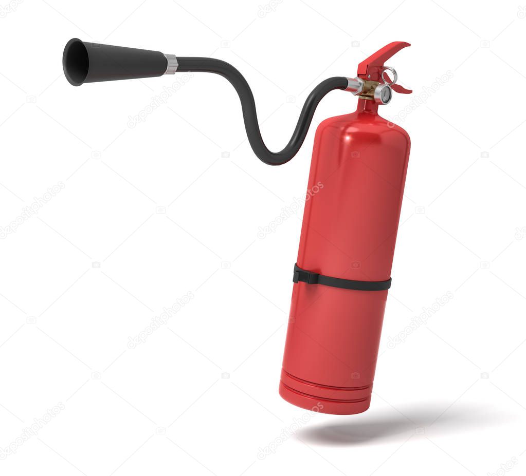 3d representación de un solo extintor rojo con su manguera levantada la ...