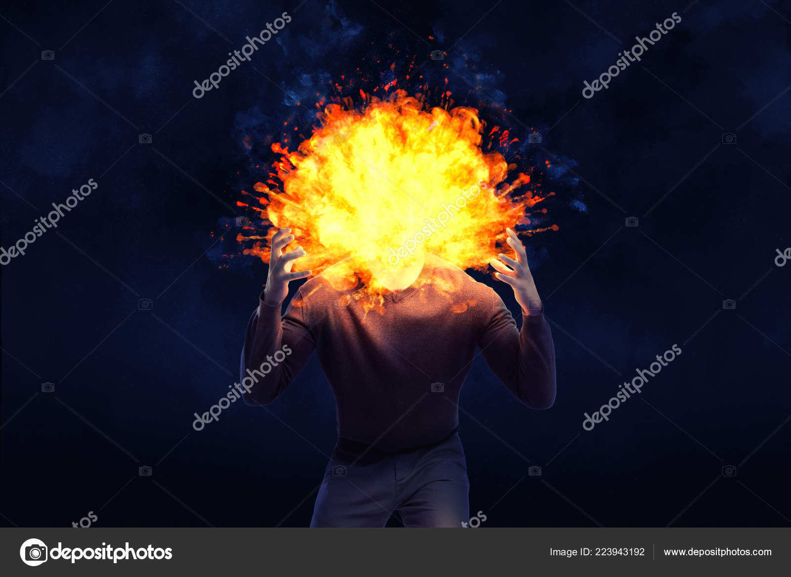 A dark shape of an angry man with an exploding head on a black ...