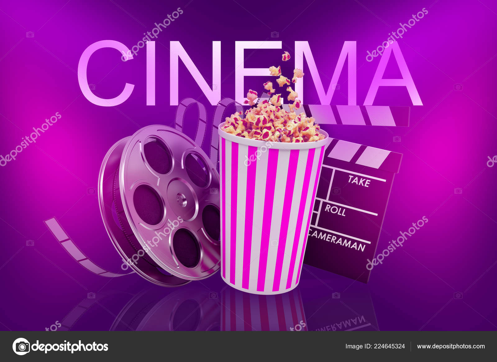 3d rendering of popcorn bucket with a movie film roll and a clapper ...