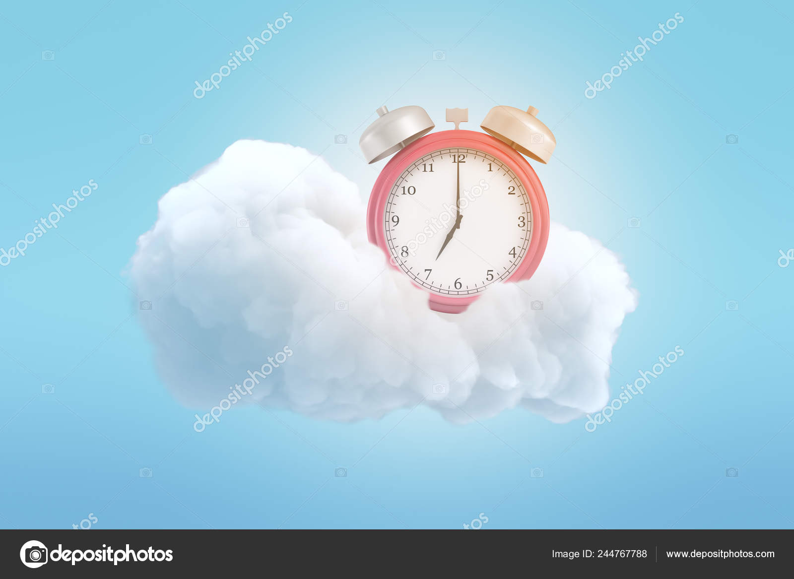 3d rendering of an old-fashioned alarm clock on a fluffy white cloud on ...