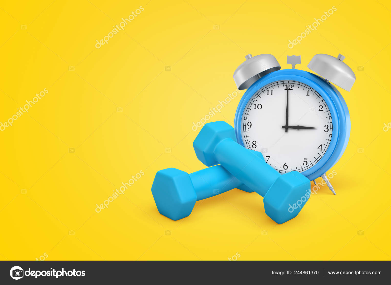 3d rendering of blue alarm clock and blue dumbbells on yellow ...
