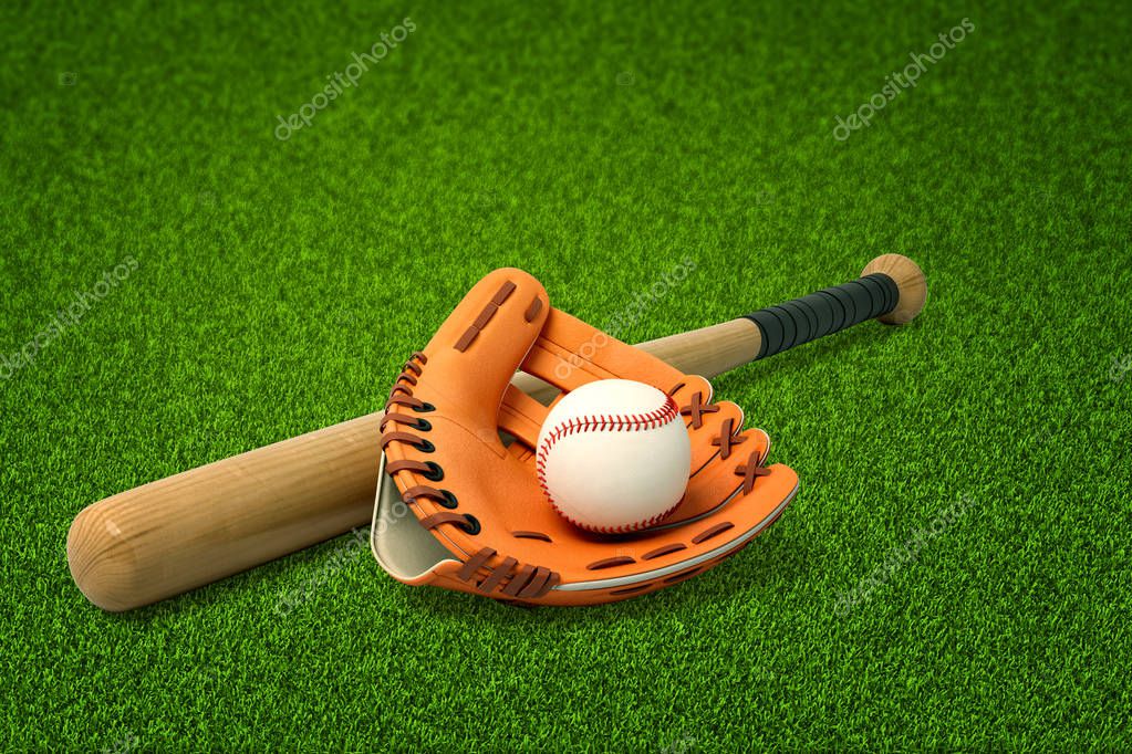 3d representación de bate de béisbol, guante y pelota sobre hierba ...
