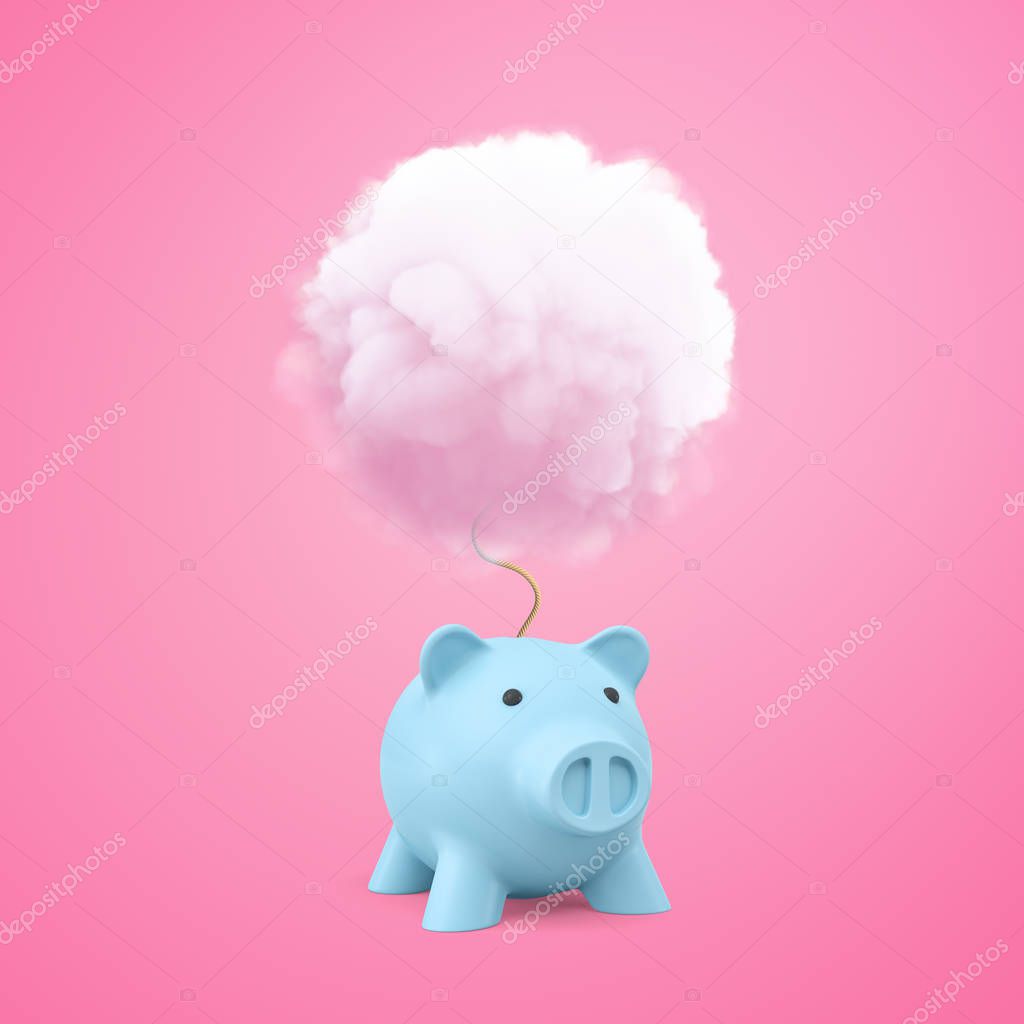 3d representación de la alcancía azul con la nube blanca de humo por ...