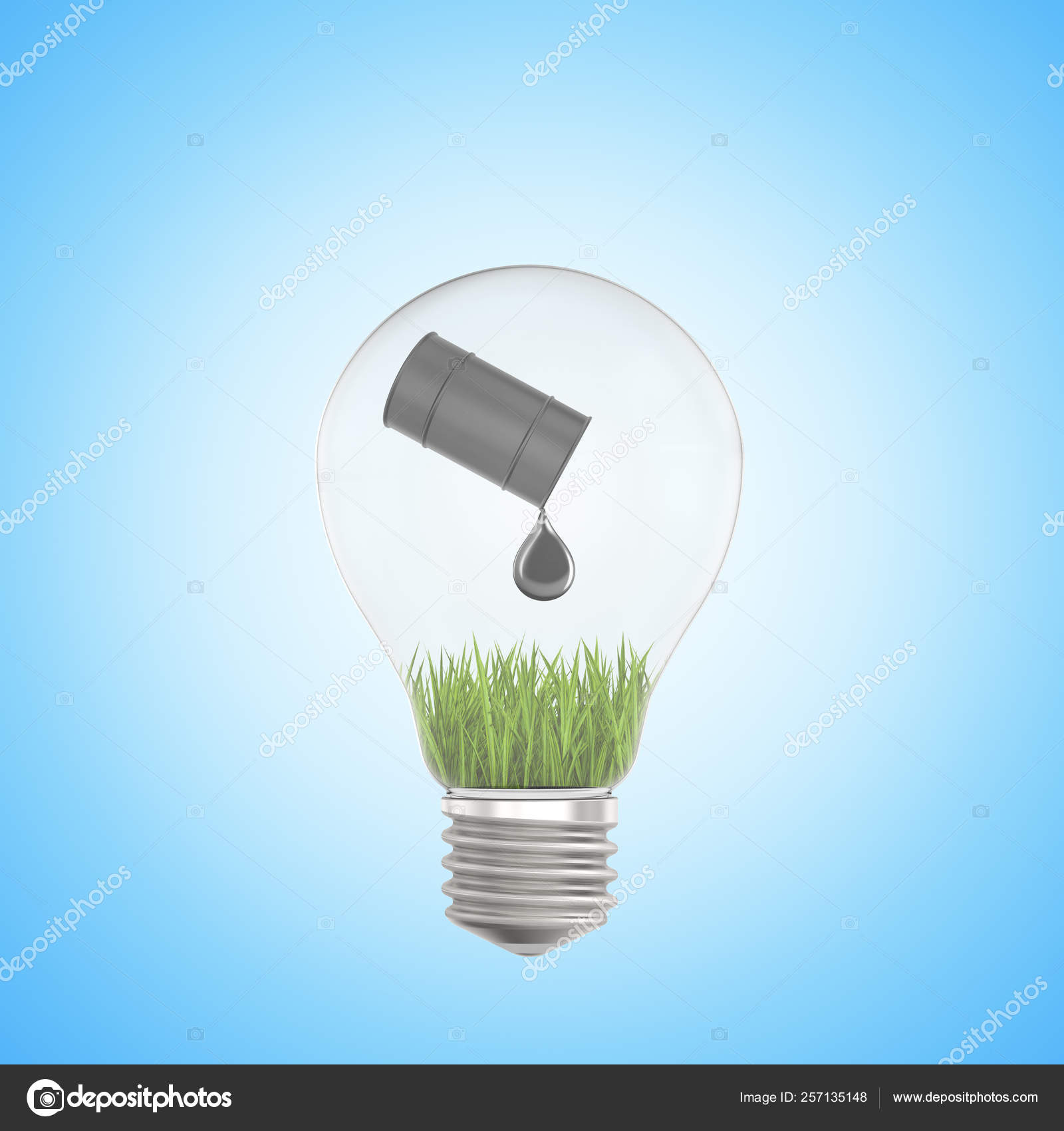 3d closeup rendering of lightbulb with tipped black oil barrel spilling ...