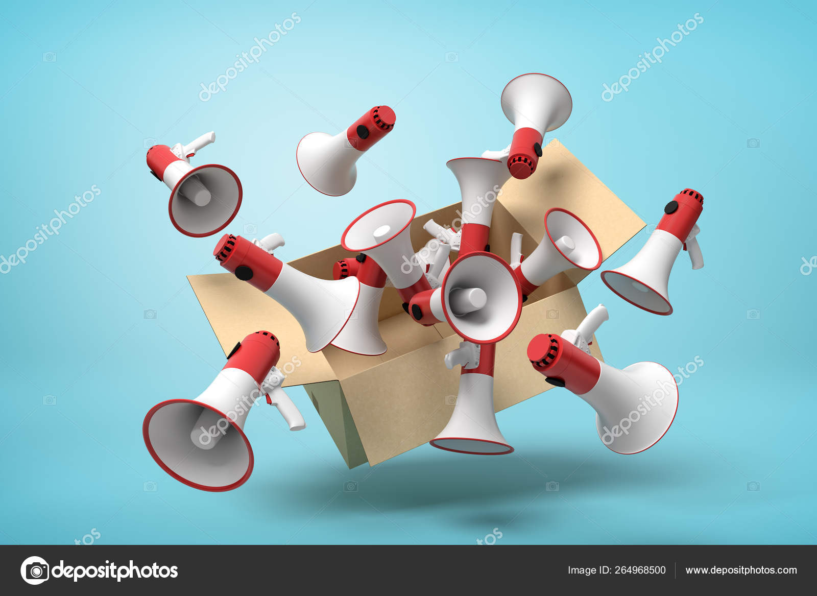 3d rendering of cardboard box in air full of red and white megaphones ...