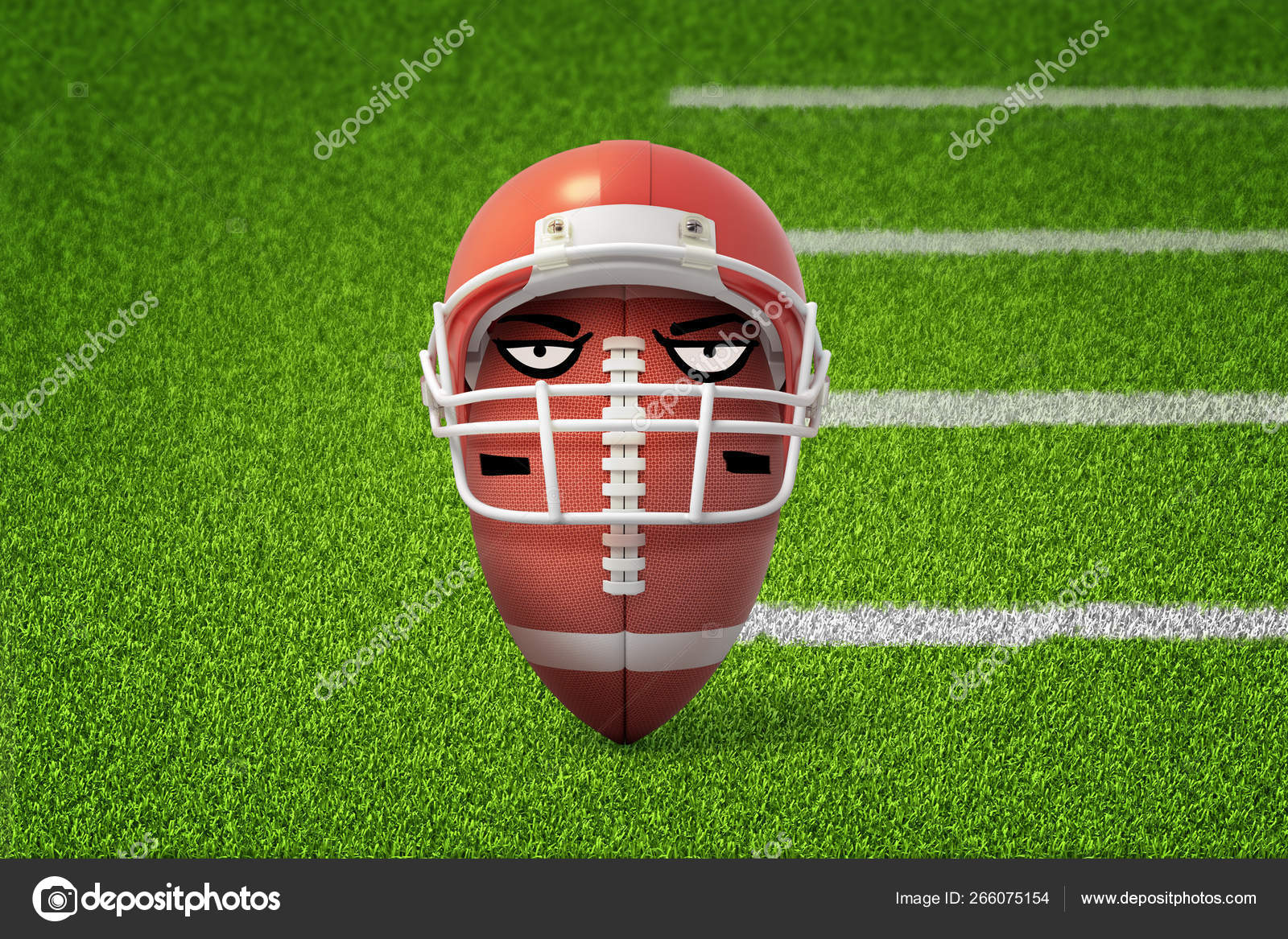 3d rendering of cartoon smiley american football ball wearing helmet on ...