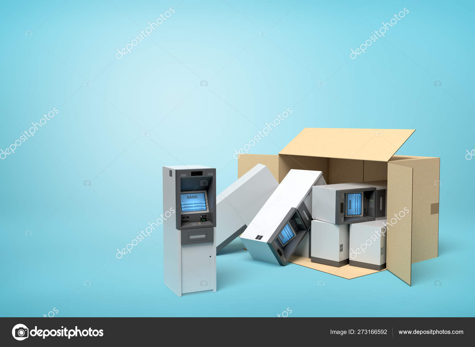 3d rendering of cardboard box lying sidelong with several ATMs inside ...