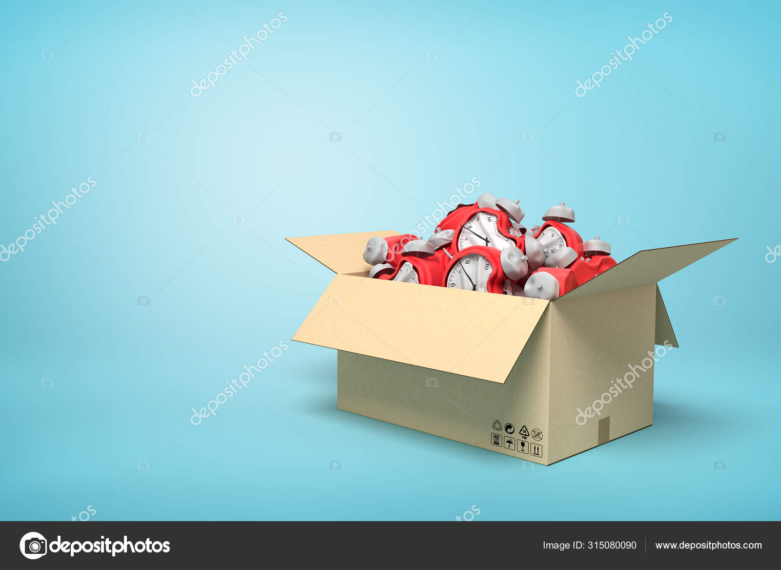 3d rendering of cardboard box full of bent deformed alarm clocks on ...