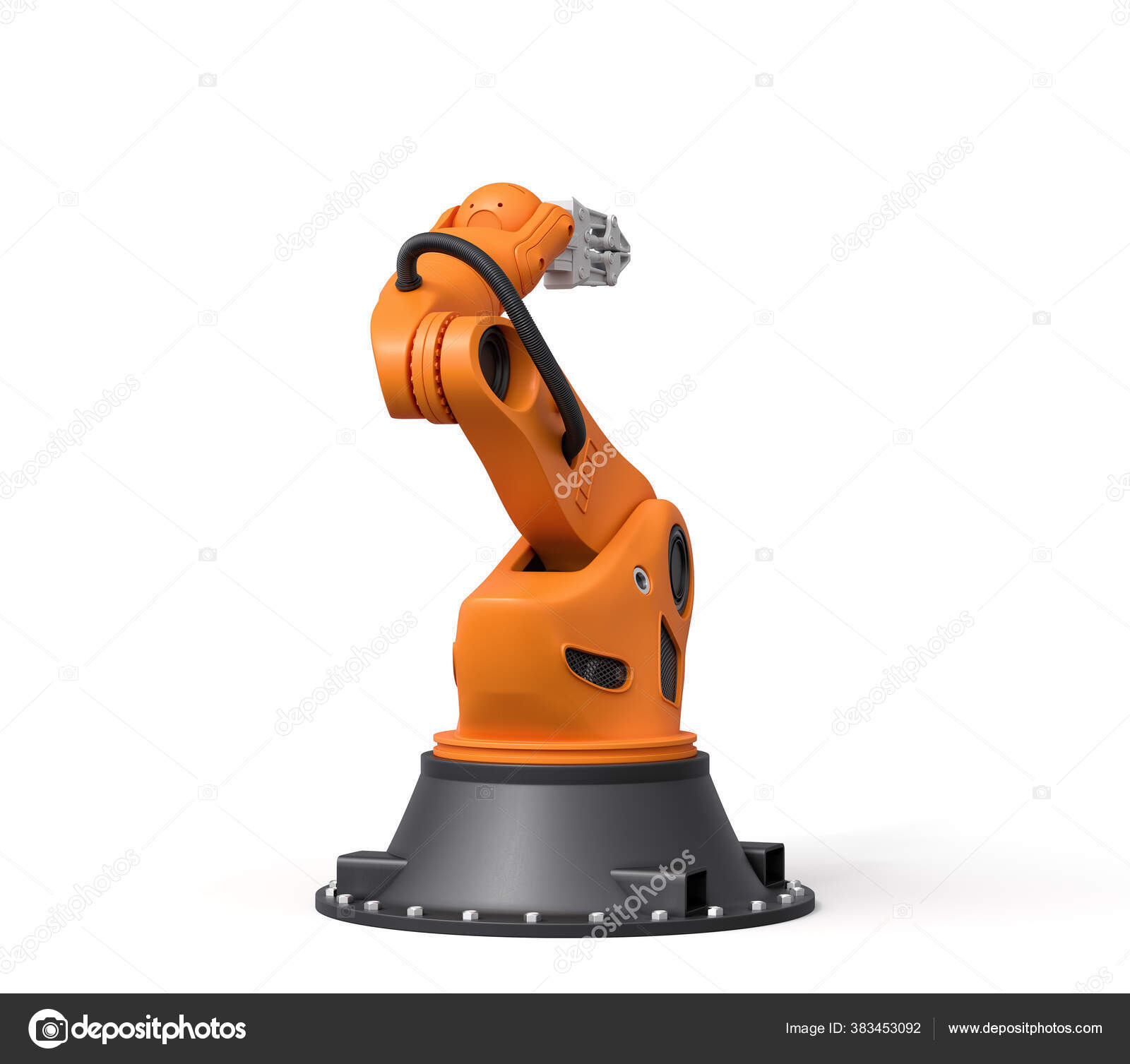 3d rendering of orange robotic arm with grey gripper standing on white background. Stock ...