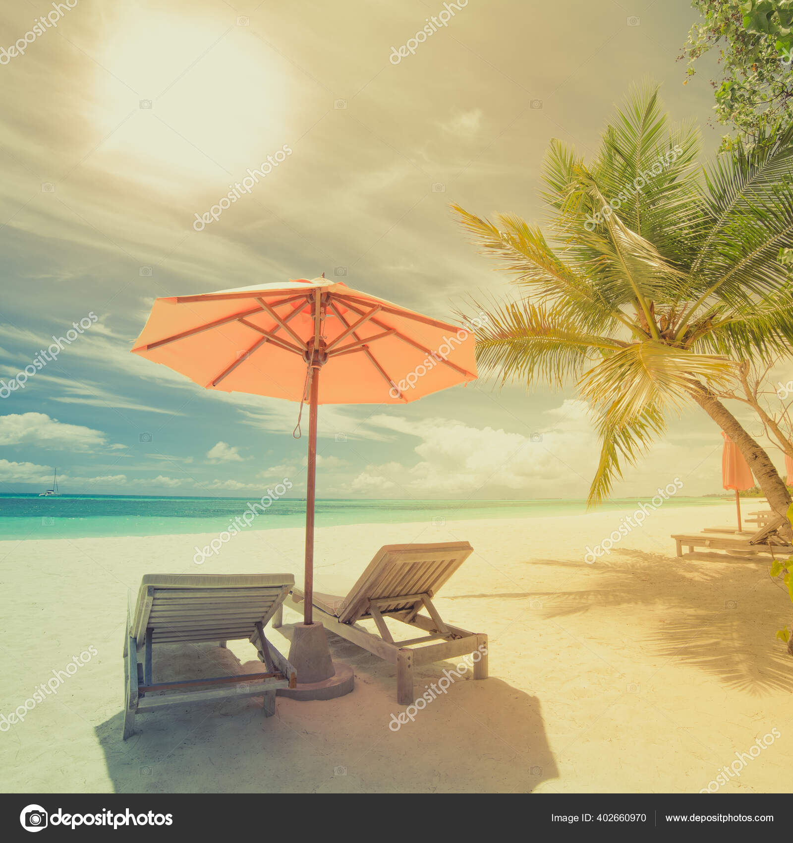 Vintage Beach Landscape Palm Leaves Sea View White Sand Sun — Stock ...