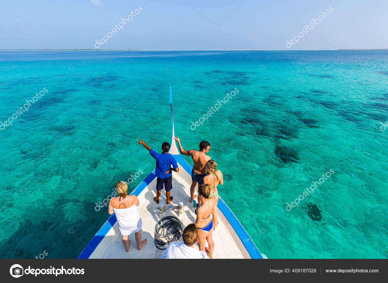 Tourist Guide Tourists Looking Dolphins Marine Life Open Sea Maldives ...
