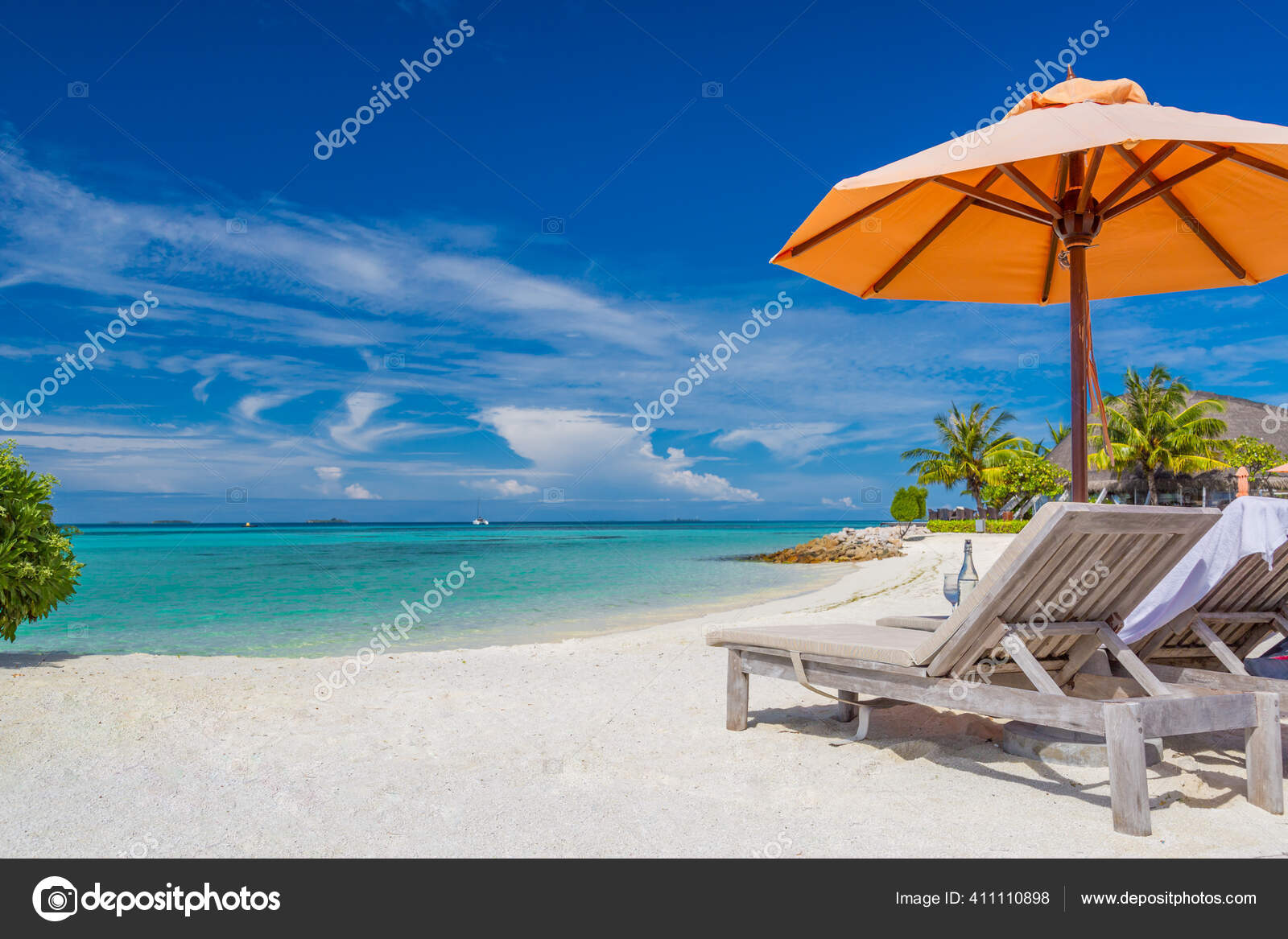 Tropical Beach Background Summer Landscape Lounge Chairs Palm Trees Calm — Stock Photo ...