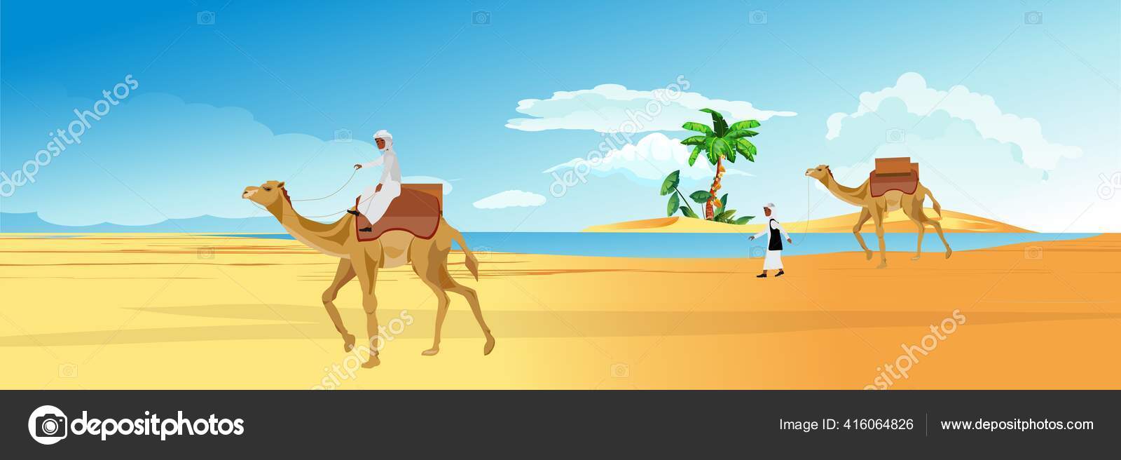 Caravan Nomad Arabians Camels Walking Oasis Desert Vector Stock Vector ...