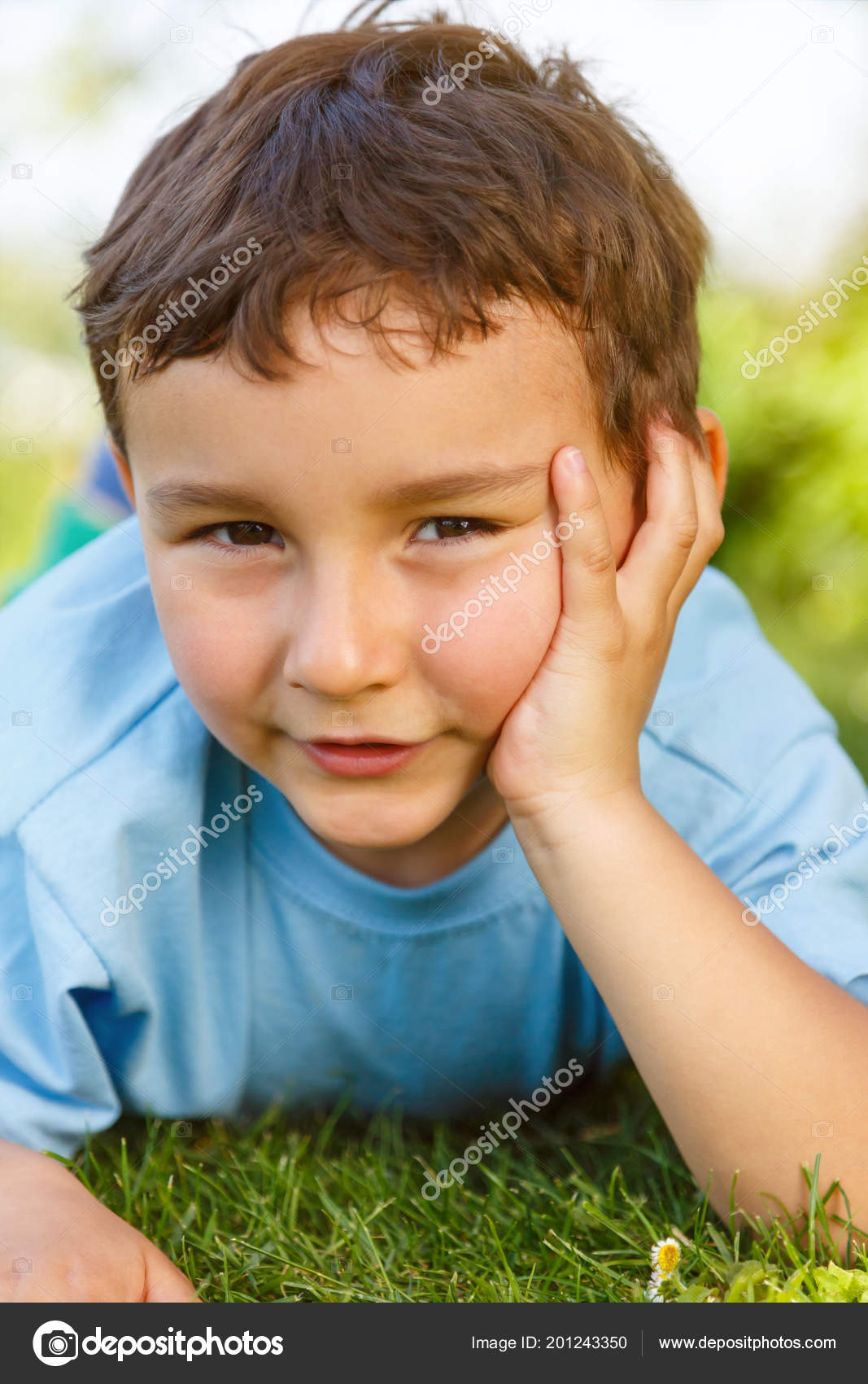 Child Kid Little Boy Thinking Think Looking Meadow Outdoor Portrait ...