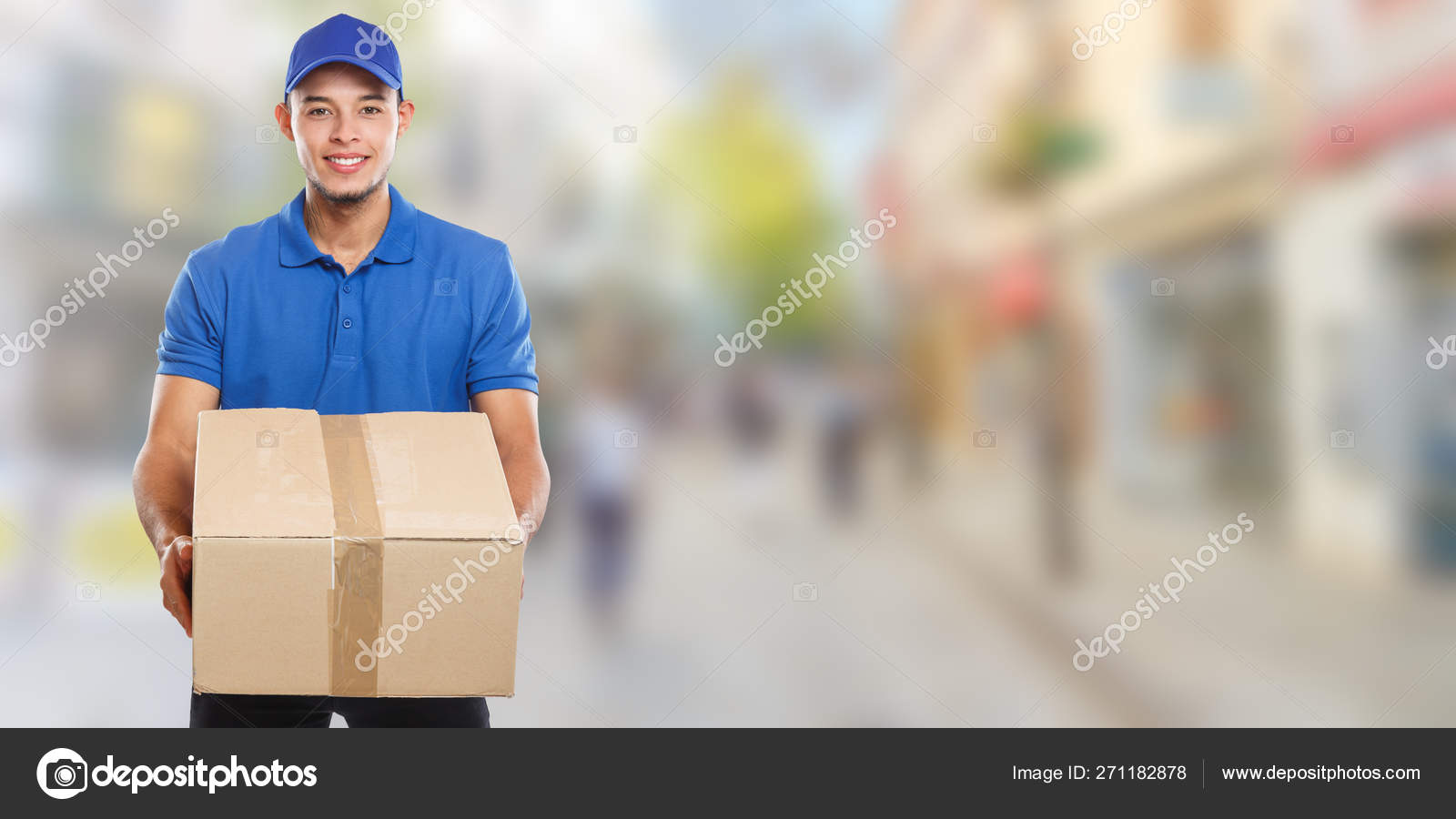 Parcel delivery service box package order delivering job young l Stock ...