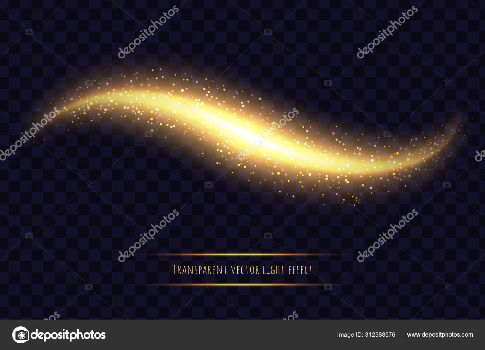 Glowing wave with sparkles, gold light effect isolated on transparent ...