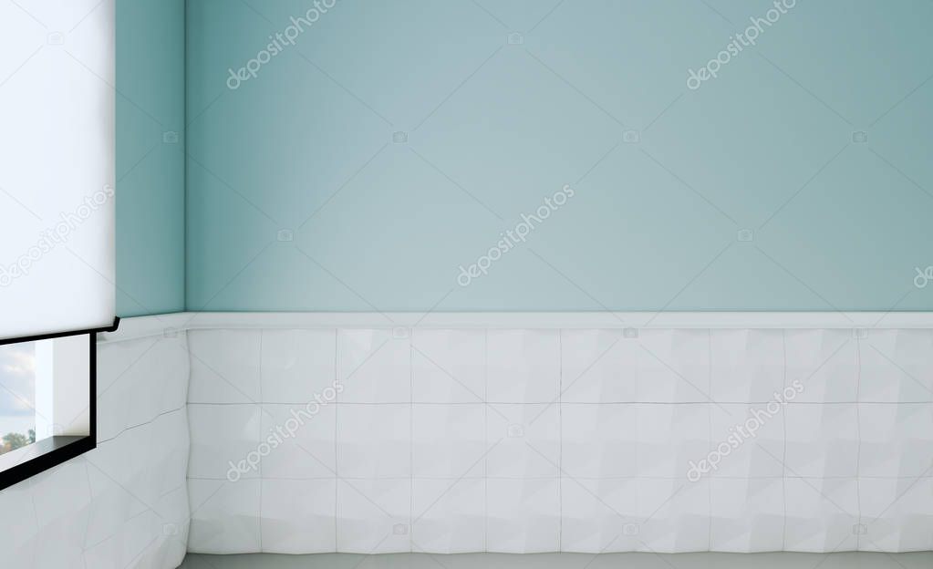 Interior del baño vacío con paredes azules y azulejos blancos ...