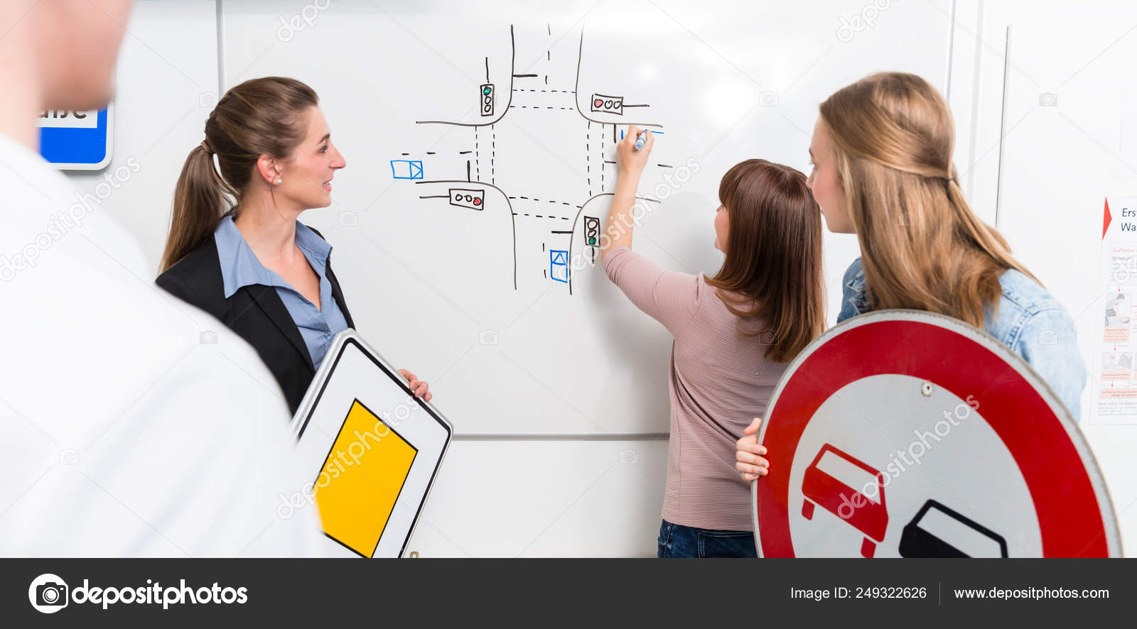 Learner in driving lessons theory explaining traffic situation Stock ...