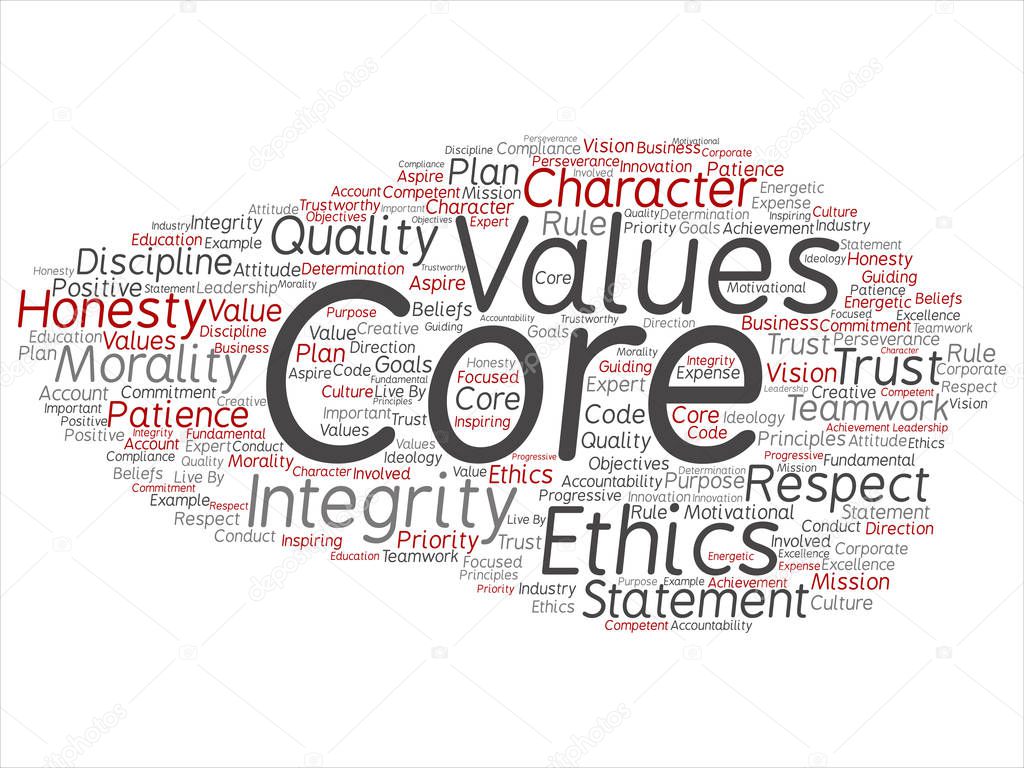 Conceptual core values integrity ethics abstract concept word cloud ...