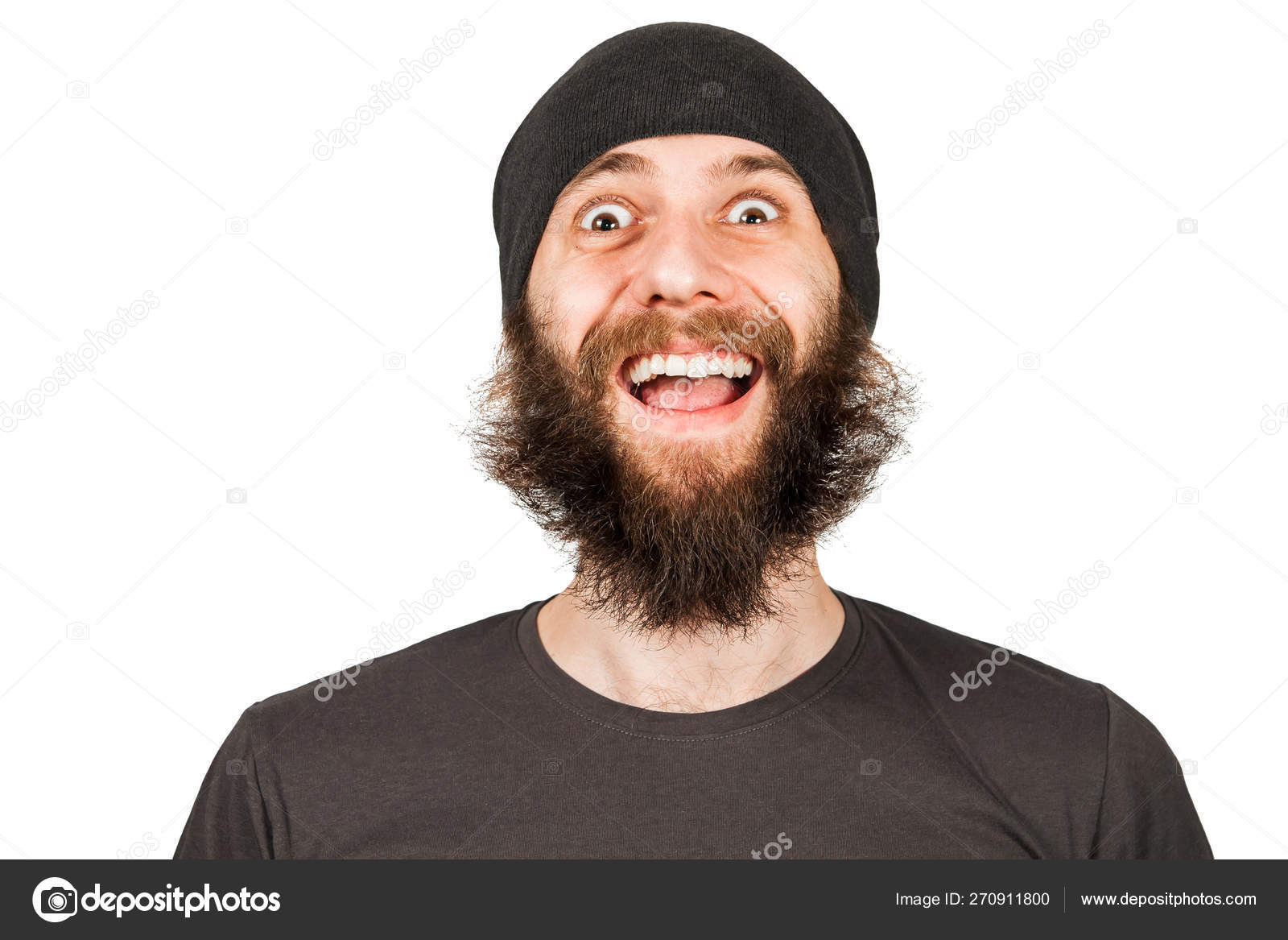 Young funny guy with beard in hat laughs. Isolated on white background ...