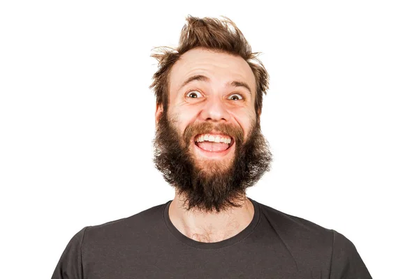 Young funny guy with beard in hat laughs. Isolated on white background ...
