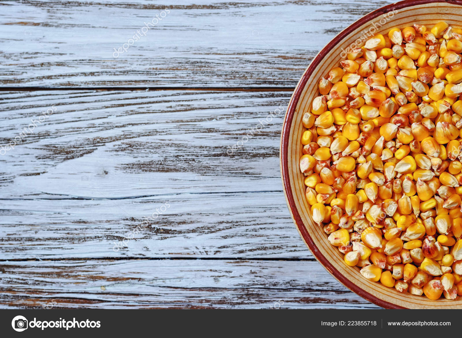Raw Corn Grains Plate Table Top View — Stock Photo © serggn #223855718