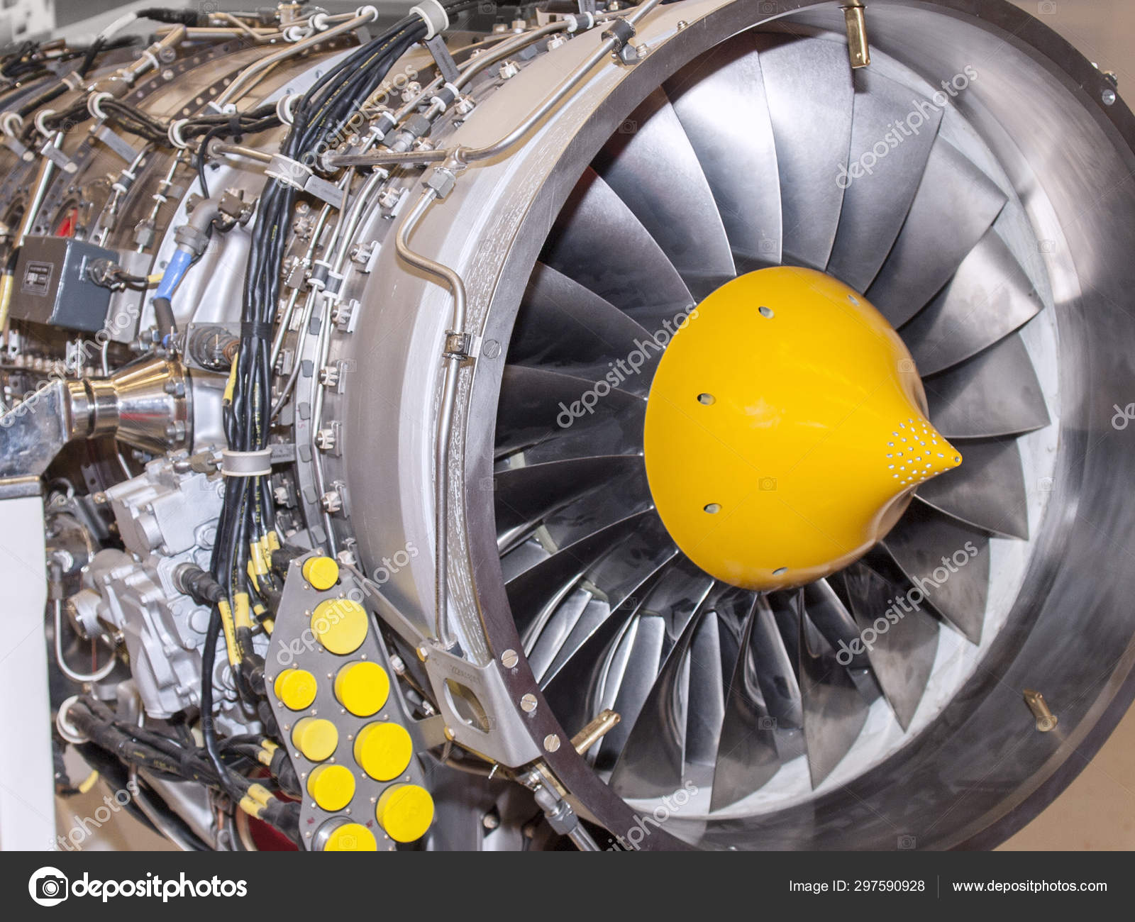 Closeup jet engine with blades and control unit Stock Photo by ...