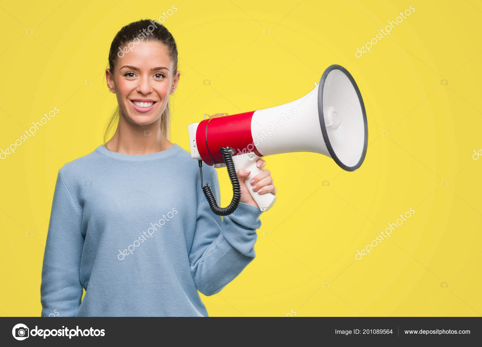 Beautiful Young Woman Holding Megaphone Happy Face Standing Smiling ...