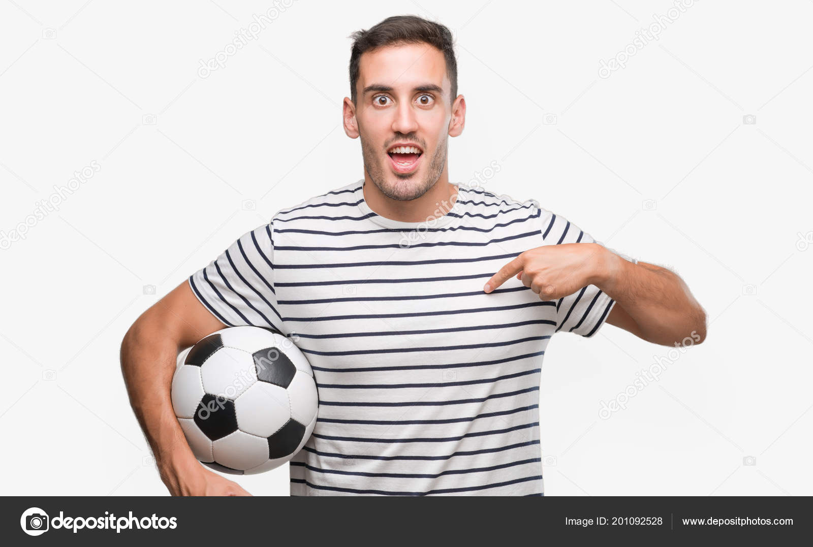 Handsome Young Man Holding Soccer Football Surprise Face Pointing ...