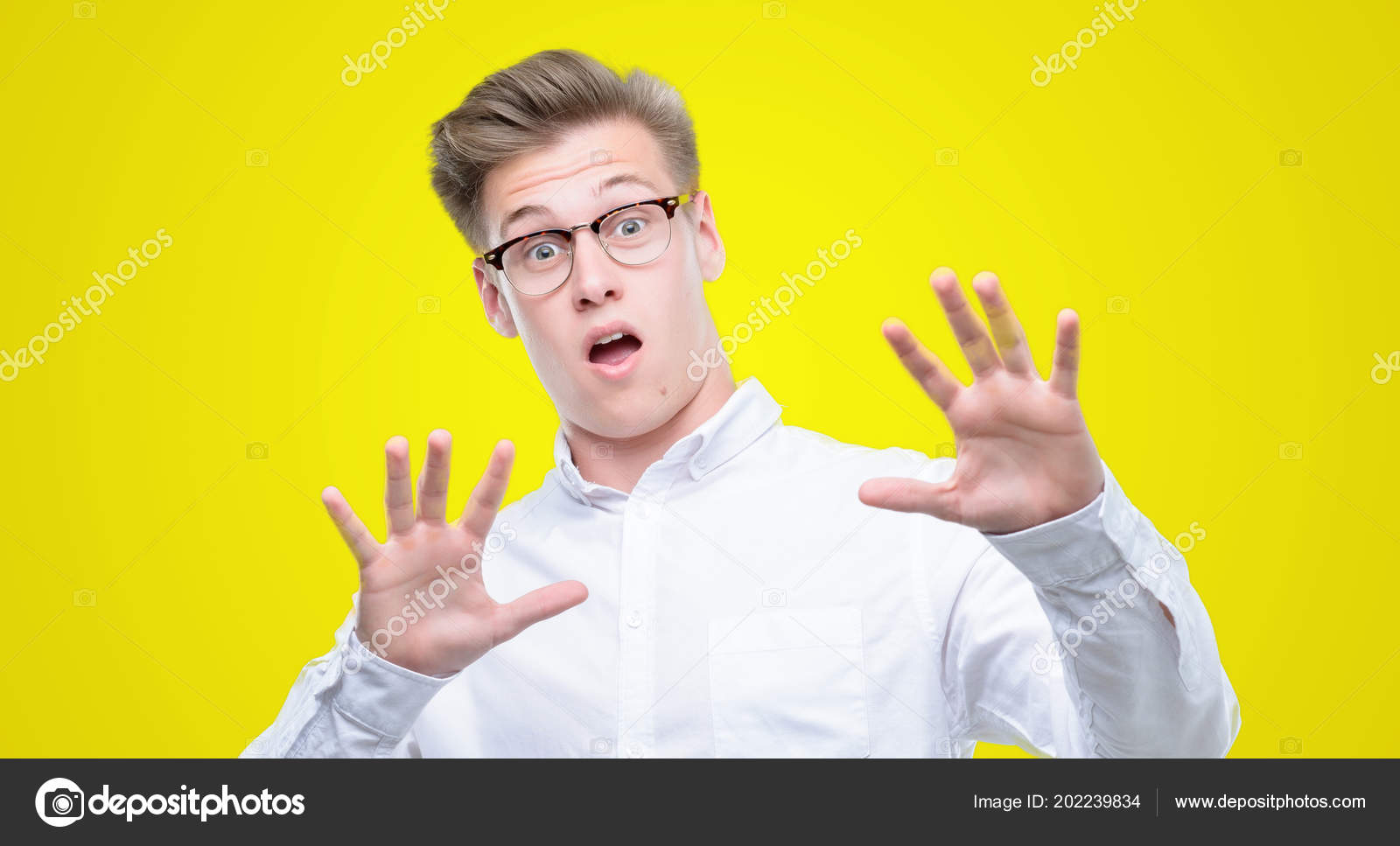 Young Handsome Blond Man Afraid Terrified Fear Expression Stop Gesture ...